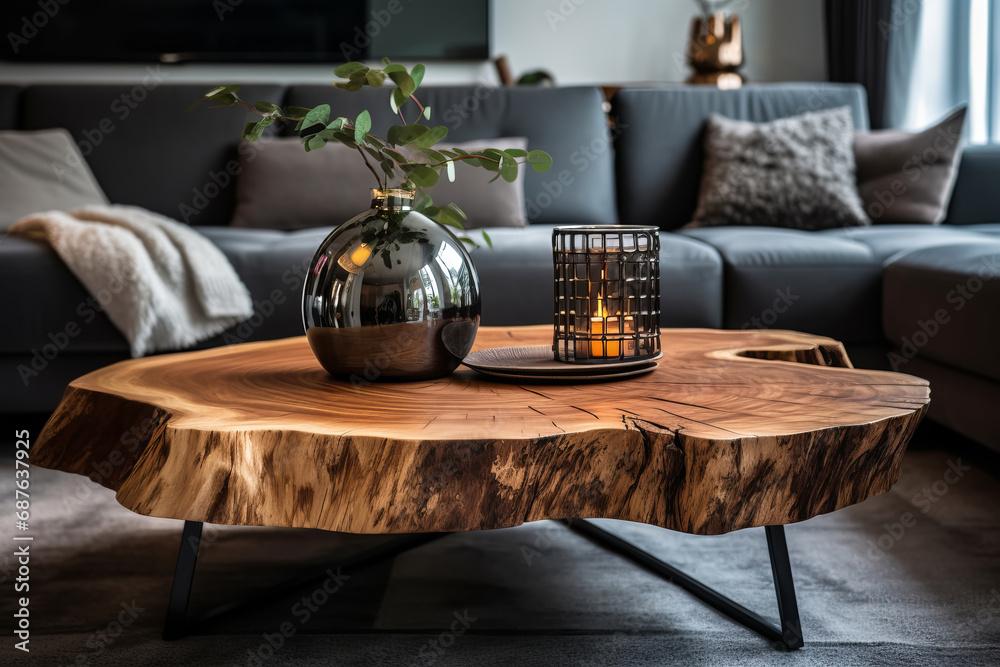 Exclusive luxury table made of natural slab of expensive wood close-up ...