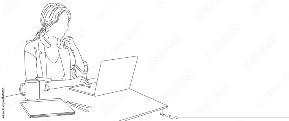 person in the office. Line art woman writing and study with help laptop ...
