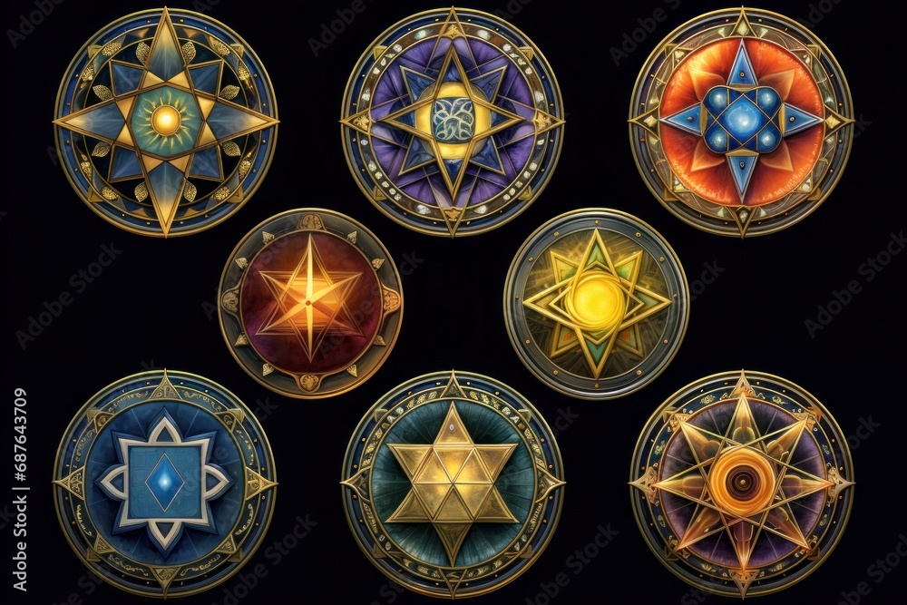 Nine colorful medallions that resemble compasses, arranged in square ...