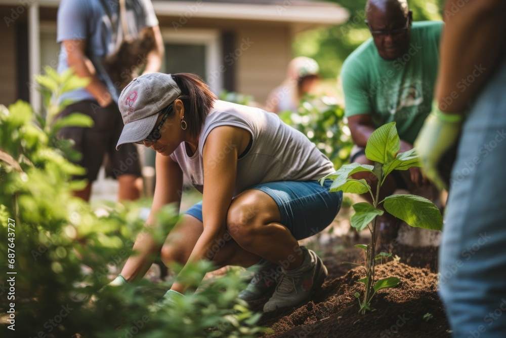 Group of volunteers work together to plant and care for community ...
