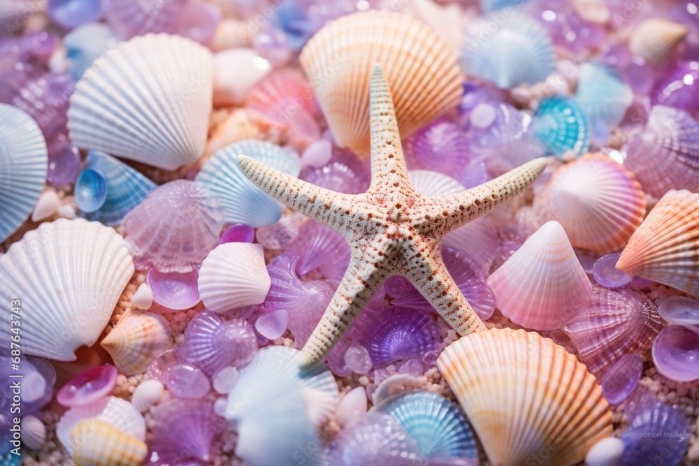 Starfish and various seashells macro background. Sshells have different ...