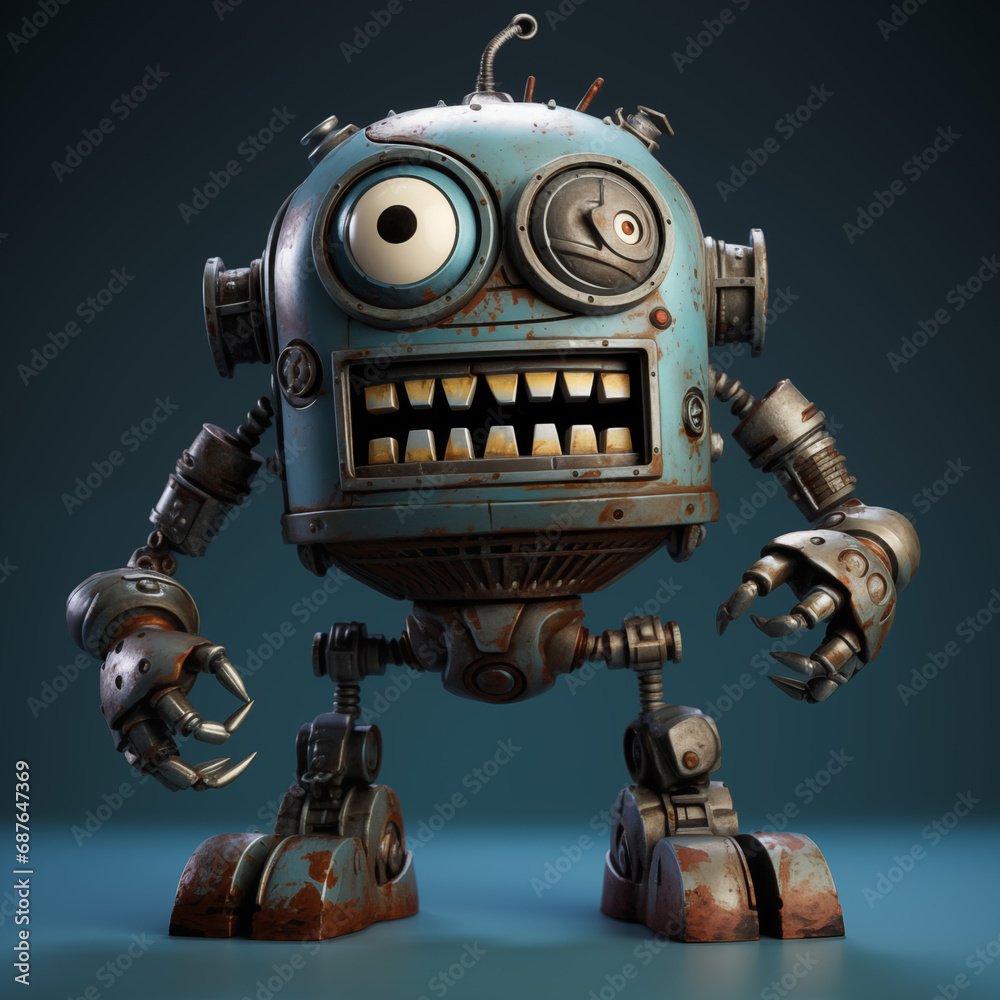 3d animated robot with big eyes and mouth, old robot, dark blue ...