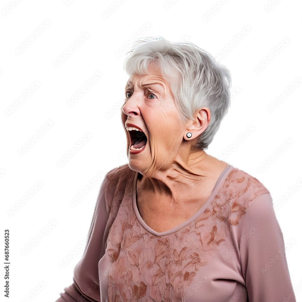 Portrait of an old female with angry expression against transparent ...