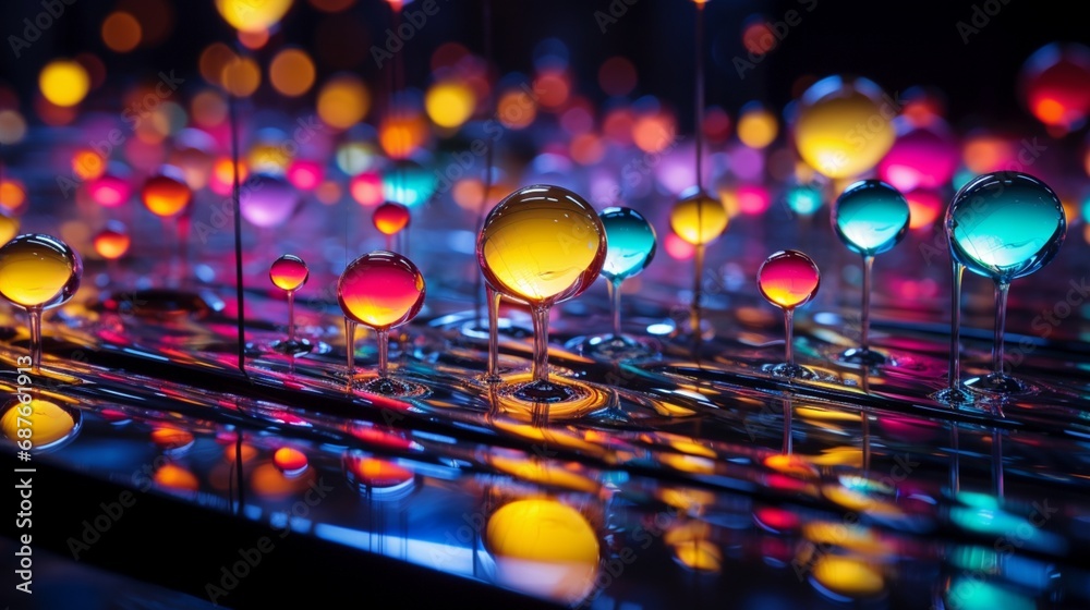 Neon raindrops falling on a reflective surface, creating a luminous ...