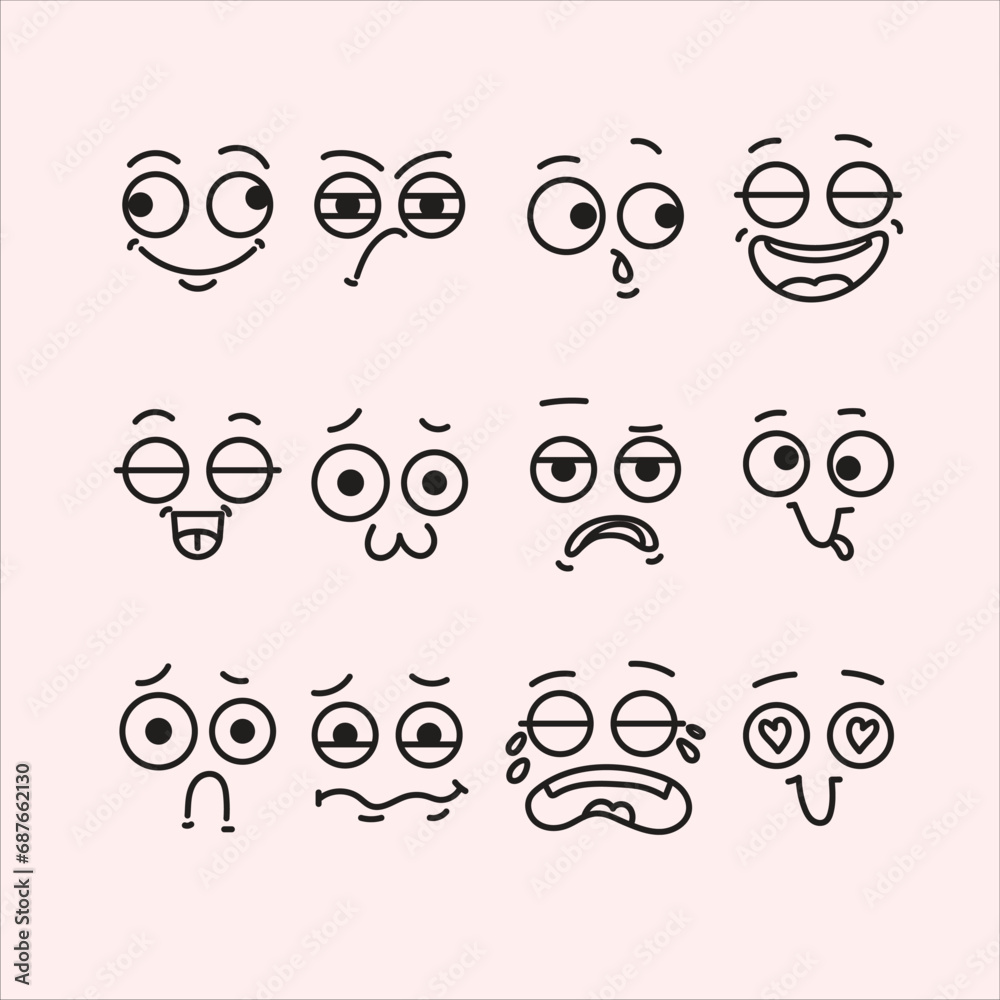Cartoon faces. Expressive eyes and mouth, smiling, crying and surprised ...