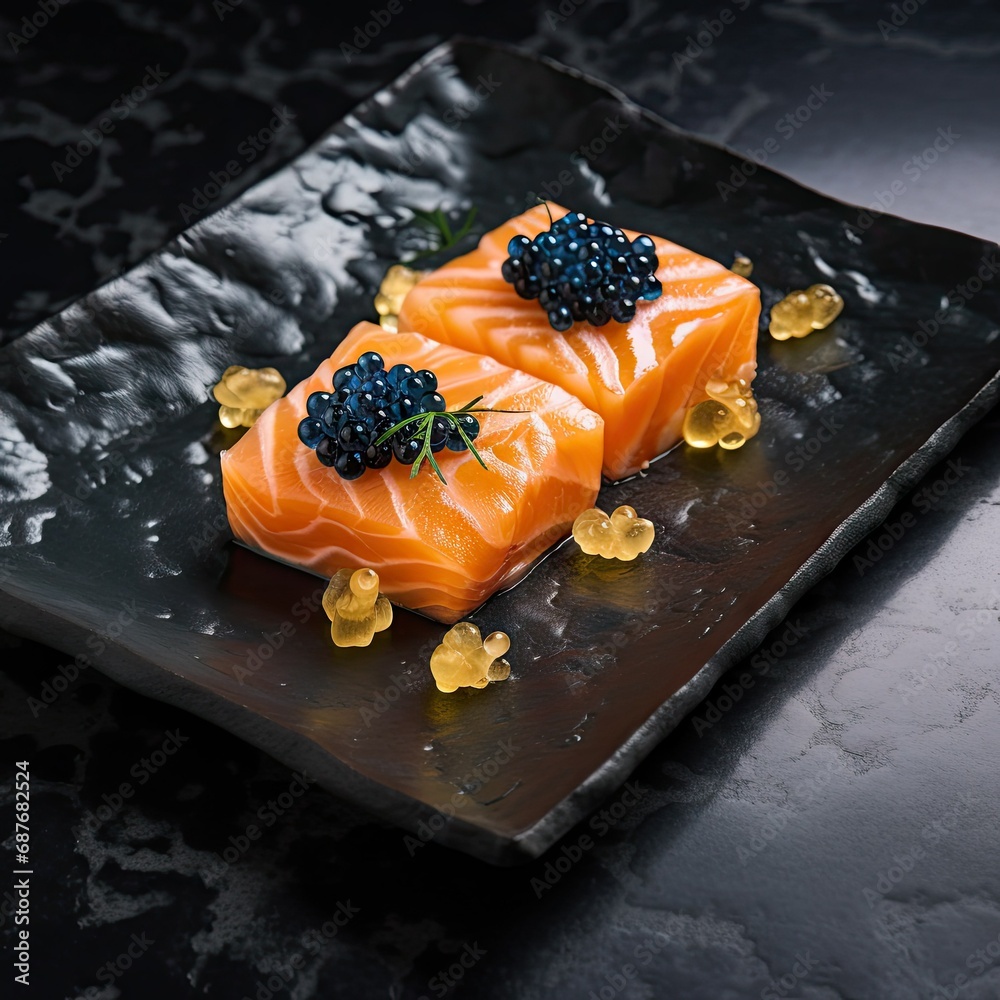 Sliced Salmon Sashimi. Beautiful haute cuisine dish fish with black ...