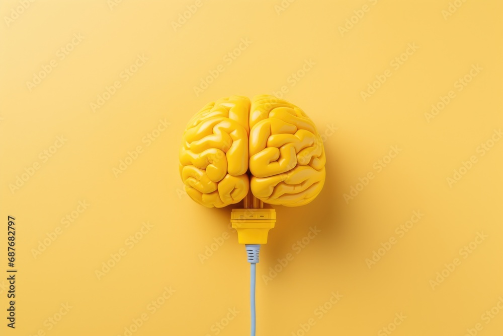 A yellow brain is plugged into a yellow wall. This image can be used to ...