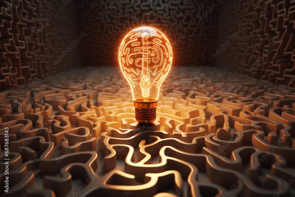 A captivating image of a glowing light bulb amidst a complex maze. This ...