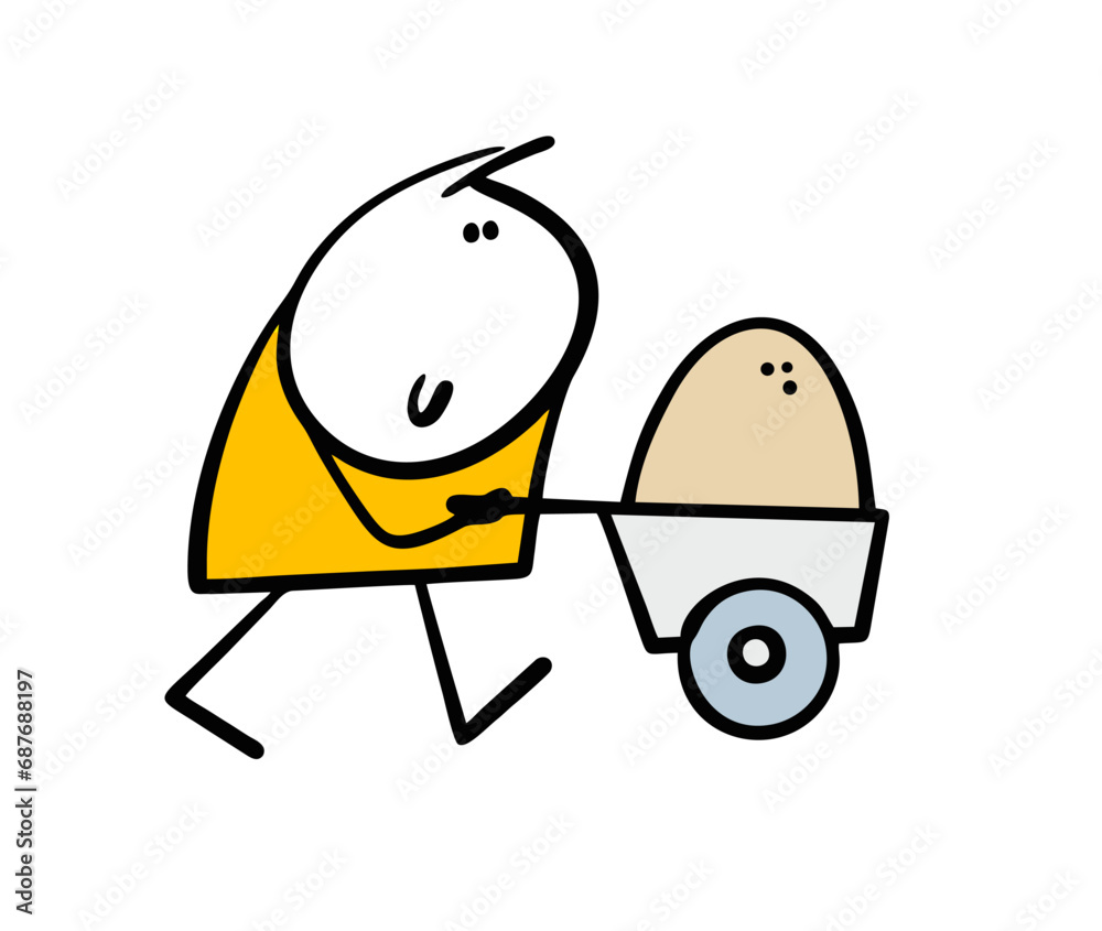 Stickman worker carries cart full of sand. Vector illustration of ...