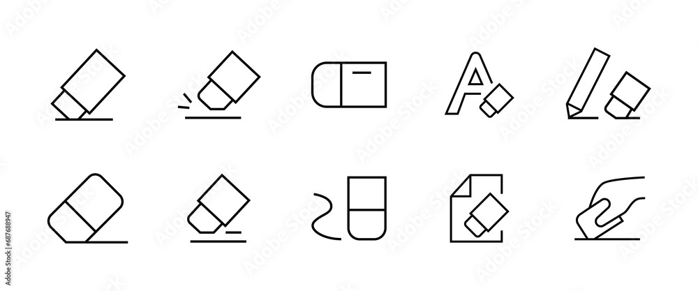 Eraser icon set. Wipe out, Containing trash, delete button, cancel ...