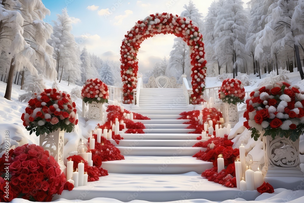 wedding backdrop with christmas themed, heavy snow on the winding stair ...