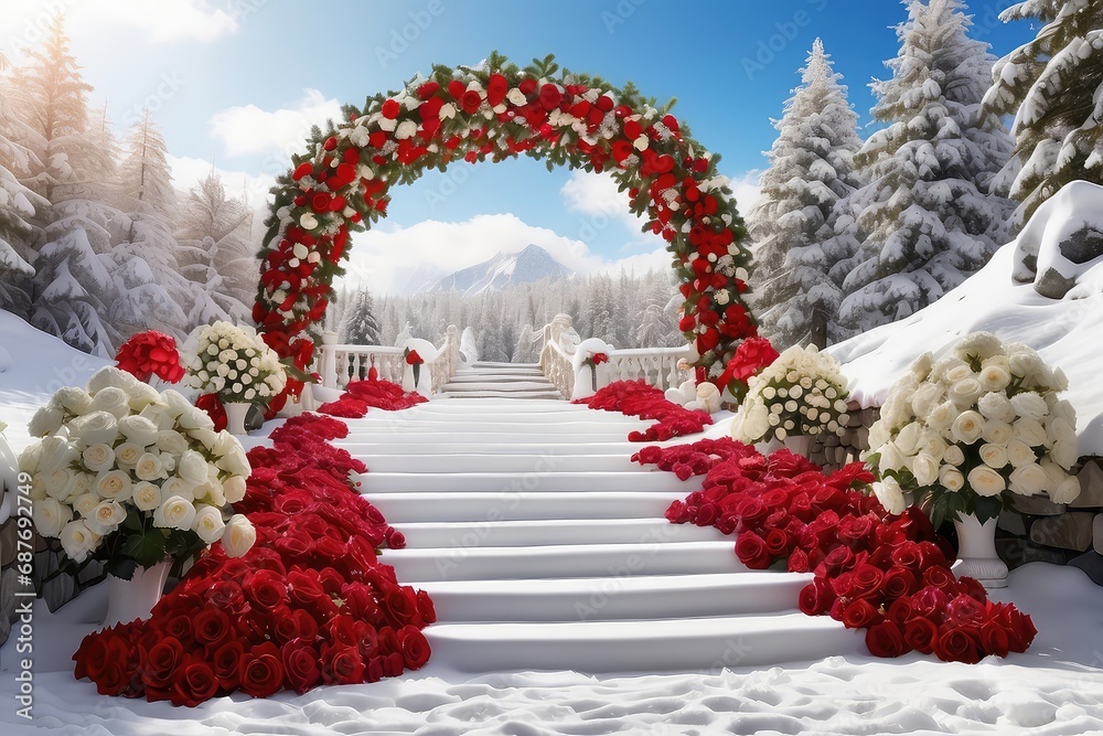 wedding backdrop with christmas themed, heavy snow on the winding stair ...