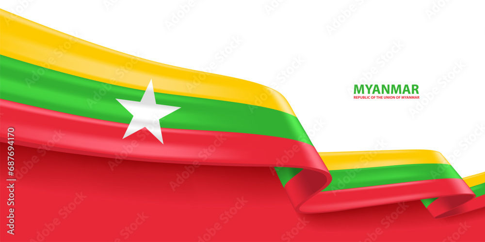 Myanmar 3D ribbon flag. Bent waving 3D flag in colors of the Myanmar ...