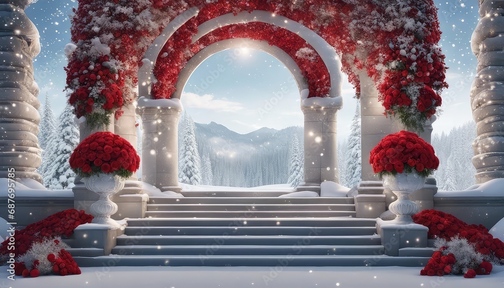 wedding backdrop with christmas themed, heavy snow on the winding stair ...