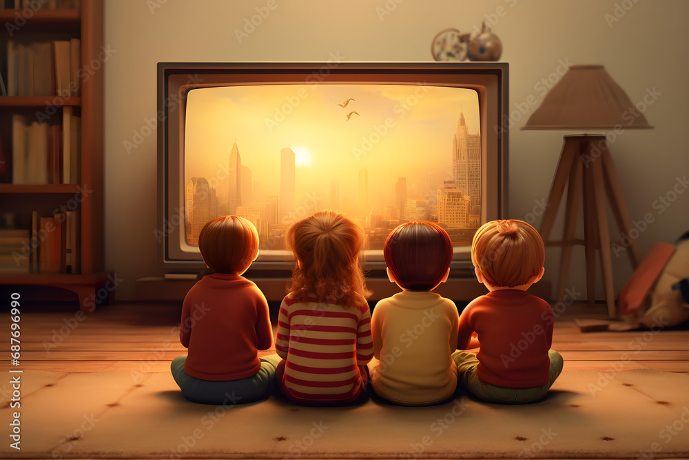 cartoon back view cute kids watch TV Stock Illustration | Adobe Stock