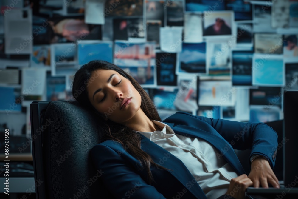 Image of a committed woman manager, taking a short break at her desk ...