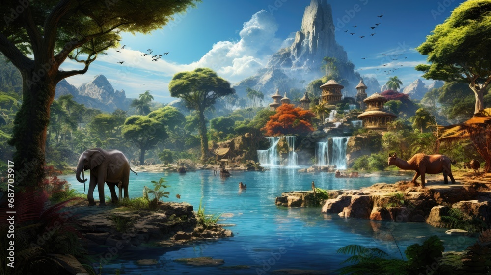 Life in paradise vector style. Humans and animals live side by side in ...