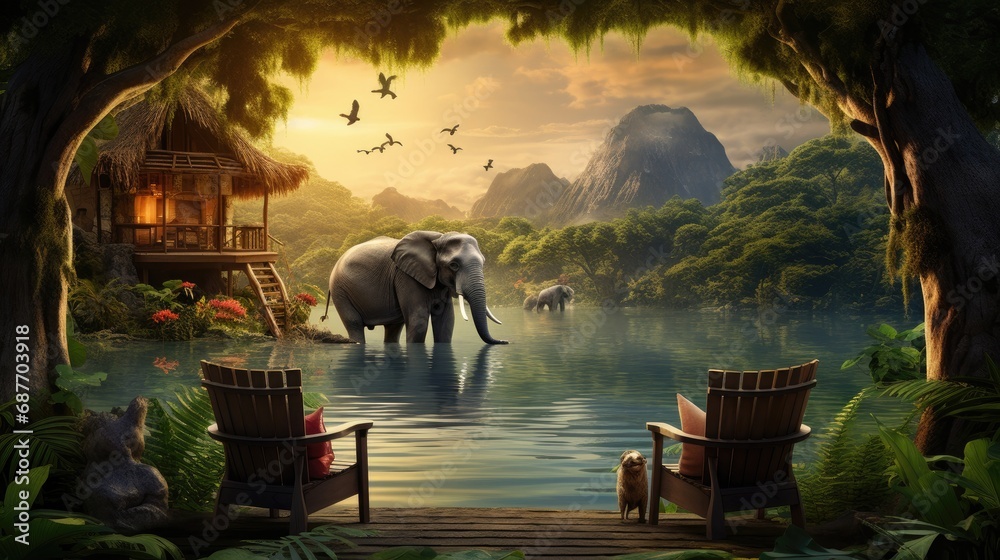 Life in paradise vector style. Humans and animals live side by side in ...