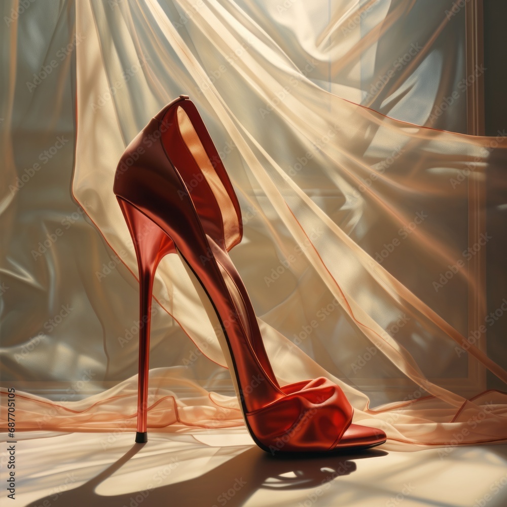 Stylish red high heel creates artistic shadows on wavy fabric in a ...