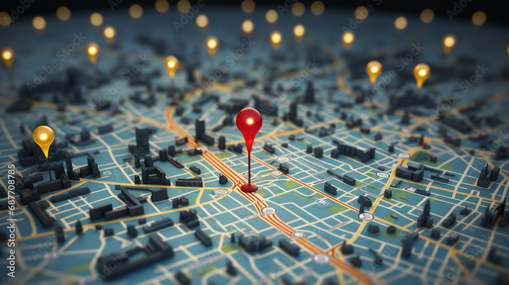 3D illustration of a map with a navigation pin and locator mark. ai ...