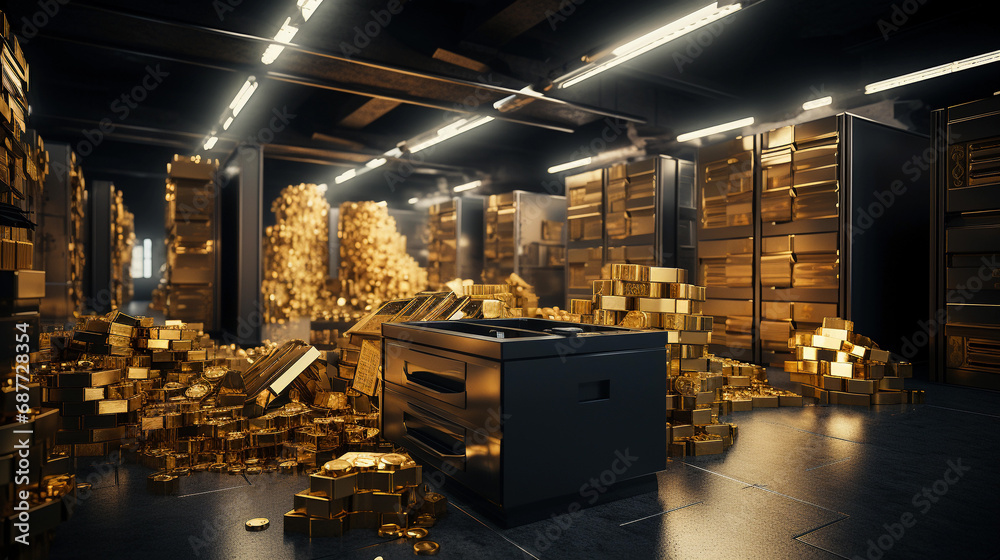 Modern warehouse interior with rows of shelves filled with gold ...