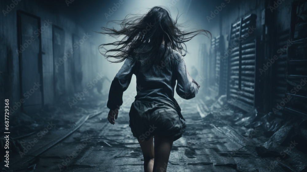 Adult girl runs away alone at night along dark corridor or alley, back ...