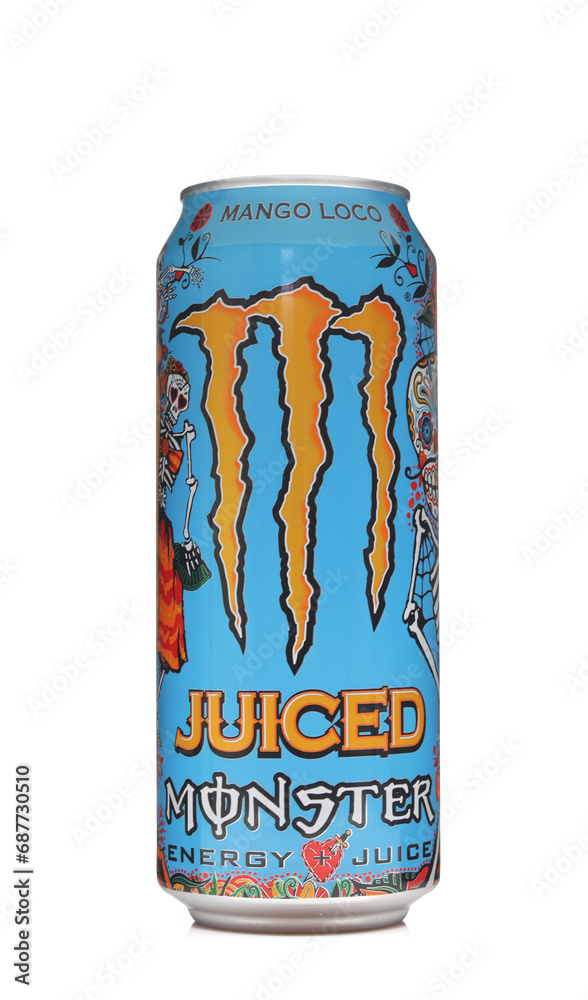 Monster juiced monster mango loco energy drink can isolated on white ...