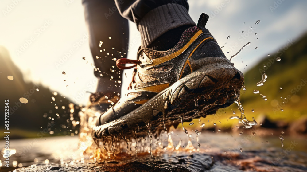 Hiking in wet weather, trekking boot hits a puddle, water splash Photos ...
