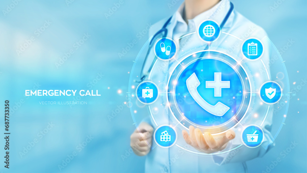 Emergency call. Medical call center hotline. SOS. First aid. Emergency ...