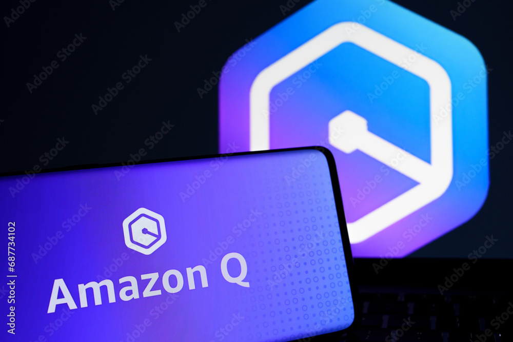 Amazon Q AI logo seen on smarphone screen. New generative AI assistant ...