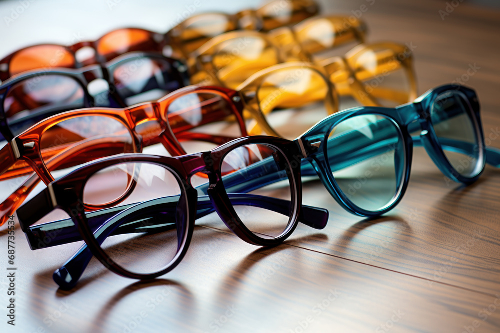 A lineup of different styles and sizes of eyeglasses, emphasizing the ...