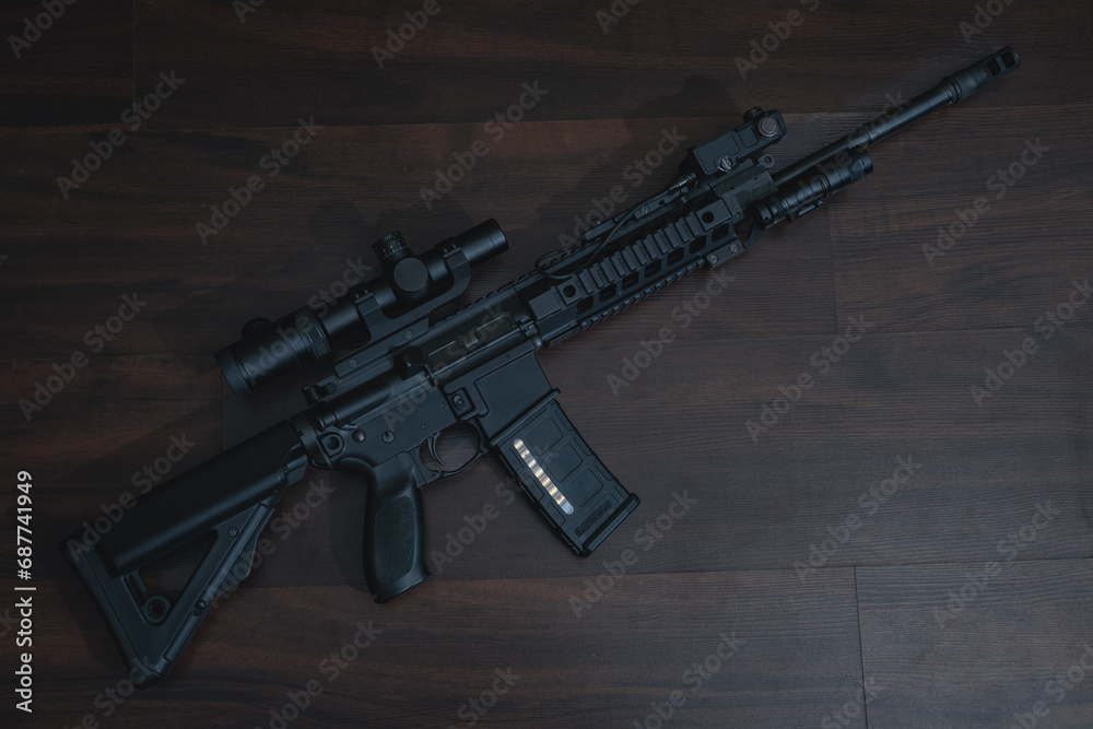 Civilian weapon, tactical rifle with optical sight, flashlight and ...