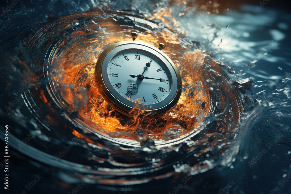 A clock face depicted as a swirling whirlpool, symbolizing the ...