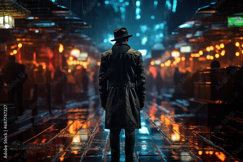 A cyberpunk detective in a rain-soaked alley, neon lights reflecting ...