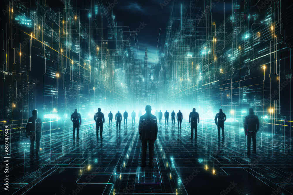 Cyberspace hackers navigating through a digital labyrinth of floating ...