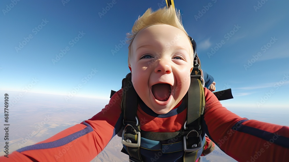 An exhilarating image captures a toddler skydiving, epitomizing the ...