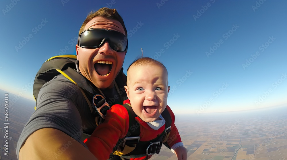 An exhilarating image captures a toddler skydiving, epitomizing the ...