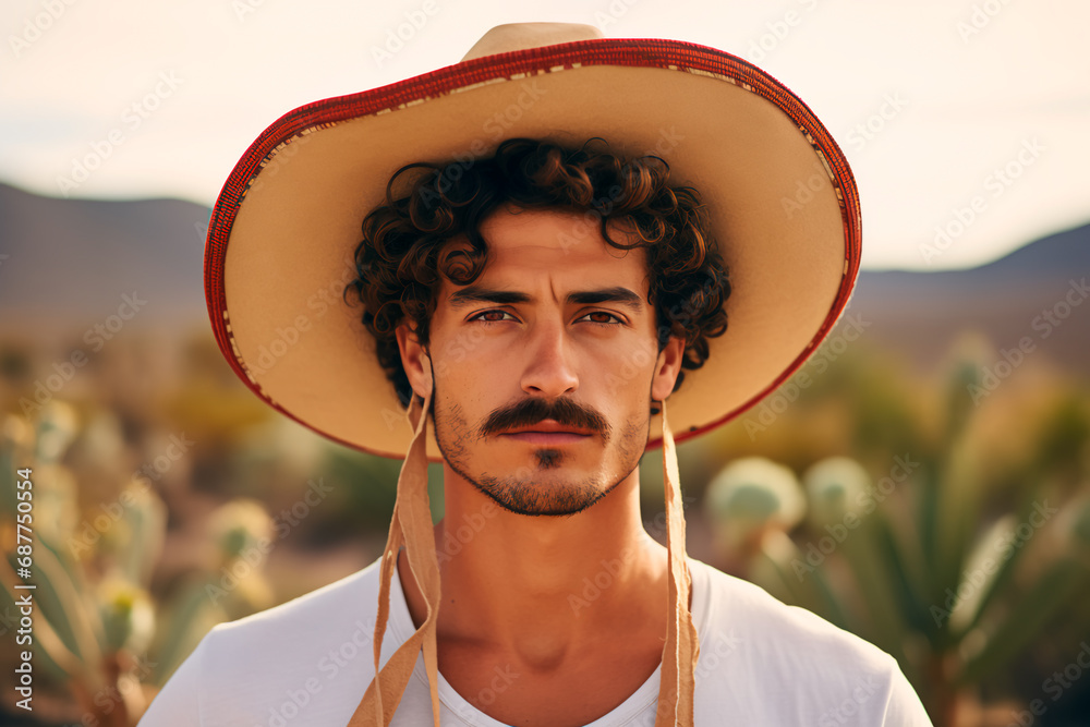 A portrait featuring a young strong and stylish Mexican man with curly ...