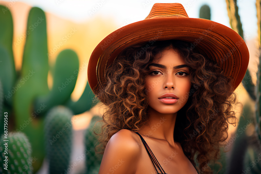 A portrait of a beautiful Mexican woman with curly hair, wearing a ...