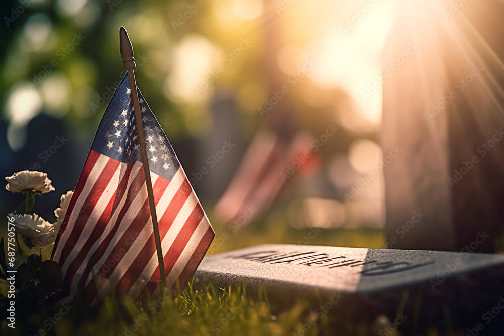 The American flag placed on the grave of a fallen soldier, a poignant ...