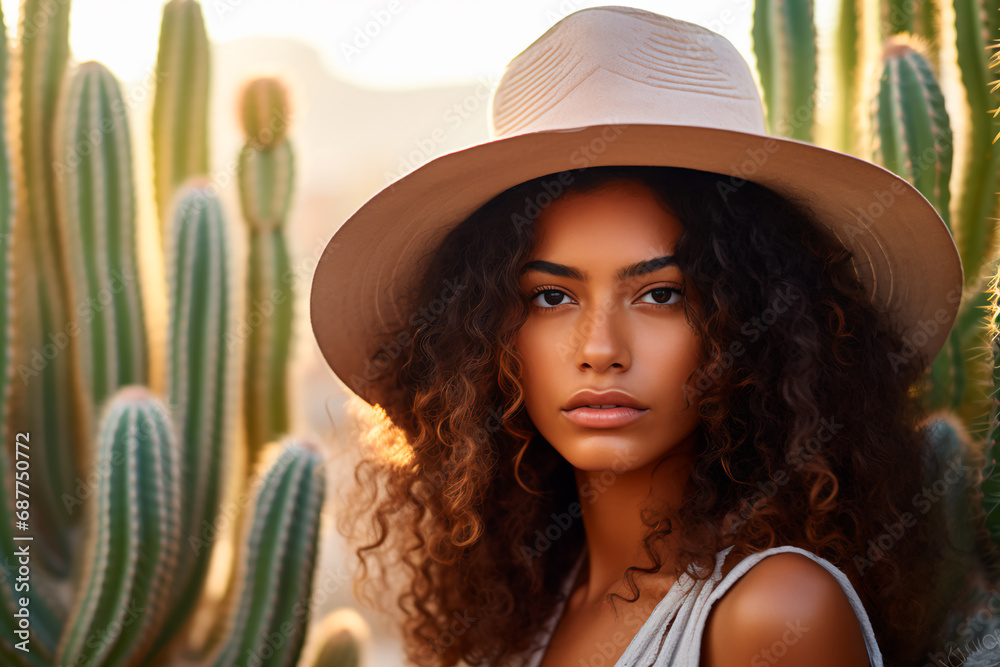 A portrait of a beautiful Mexican woman with curly hair, wearing a ...