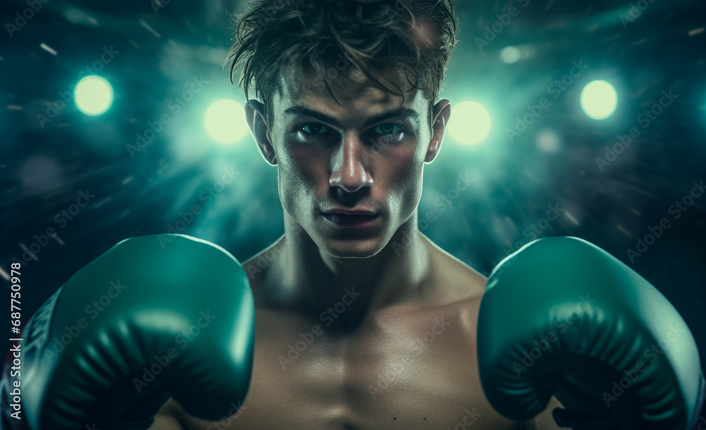 An athlete dons determined expression and green boxing glove, with ...