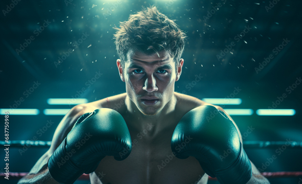 An athlete dons determined expression and green boxing glove, with ...
