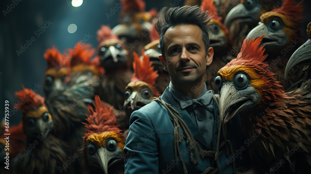 Skilled Master Puppeteer Walking by Colorful Puppets Backstage During a ...