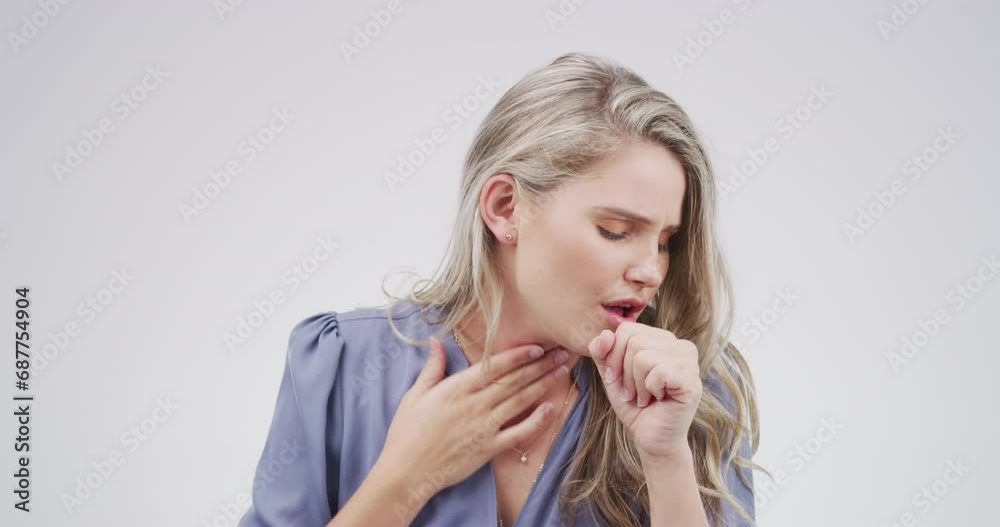 Woman, cough and sore throat in studio with covid 19, asma or tuberculosis with stress by white ...