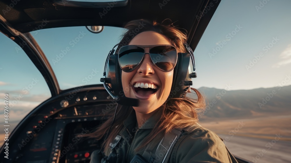 A beautiful female pilot taking a selfie in the cockpit while piloting ...