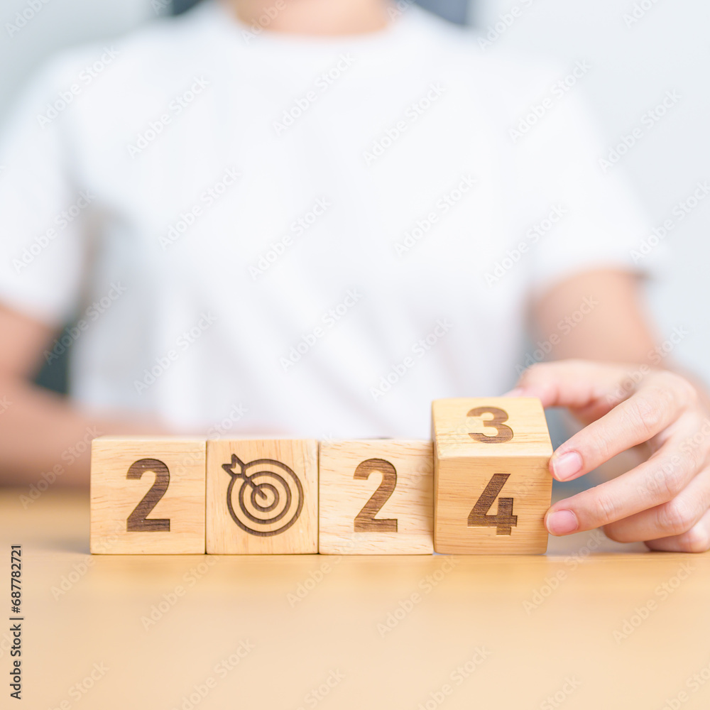 2023 year change to 2024 year block with dartboard icon. Goal, Target ...