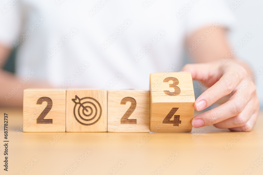 2023 year change to 2024 year block with dartboard icon. Goal, Target ...