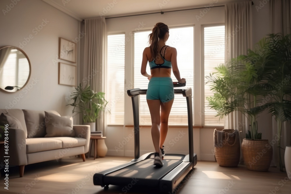 Young healthy woman in exercise clothes running on a treadmill. Inside ...