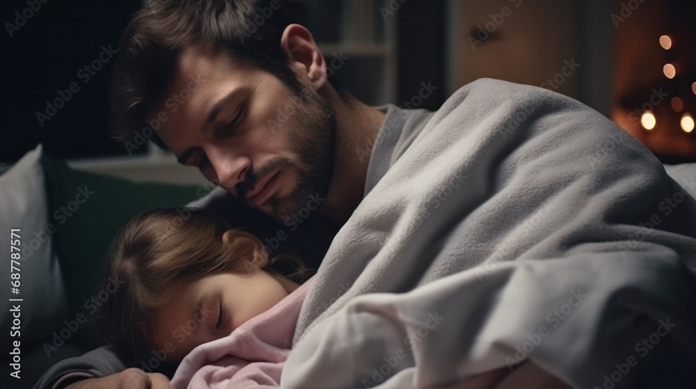 man take care of little ill daughter. Sick child lying on bed under ...